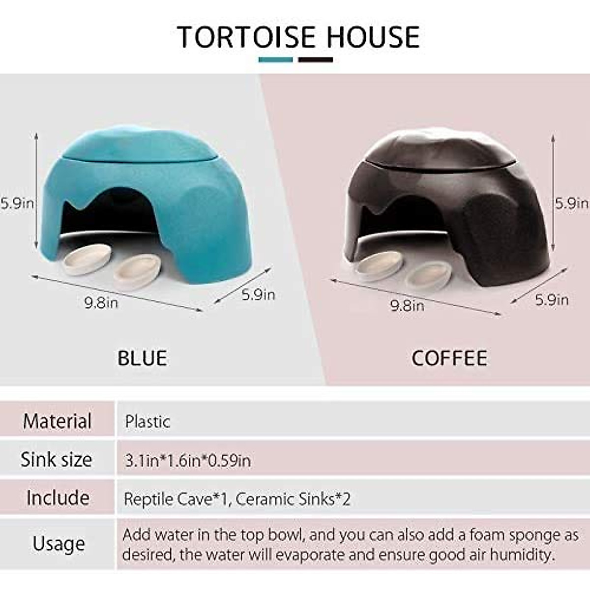 TINTON LIFE Reptile Hideouts Box with 2 Ceramic Sinks to Increase Humidity Terrarium Reptile Hide Habitat Humidify Cave for Turtle Lizard Tortoise Amphibians Snake, 9.8x5.9x5.9 Coffee
