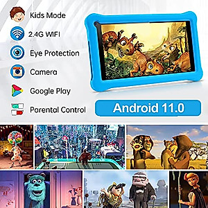 Kids Tablet 7 inch Android 11 Tablet for kids(Ages 2-10),RAM 3GB ROM 32GB with 128GB Expand, Kids Software Pre-installed, Google Certified Tablet,Dual Camera, Bluetooth, WiFi with Shockproof case-Blue