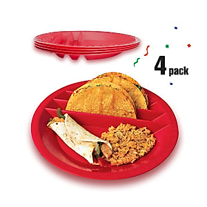 Taco Mex Taco Plate, Reusable, Round, Preparation and Serving Plate, for Soft and Hard Shell Tacos, 10.75 inch Plastic, Uber Look and Quality, Microwave Safe, 4 Pack Set, Red