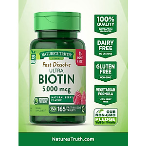 Nature's Truth Ultra Biotin 5000mcg | 165 Fast Dissolve Tablets | Hair Skin and Nails Supplement | Natural Berry Flavor | Vegetarian, Non-GMO, Gluten Free