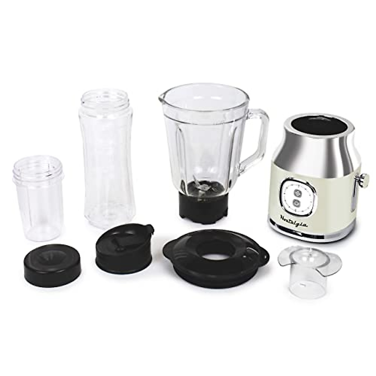 Classic Retro Electric Pulse Blender, 1 Liter Glass Pitcher, Includes Tritan Personal Travel Bottle With Lid And Storage Container, High Power 300 Watts Crushes And Pulverizes Ice Cubes
