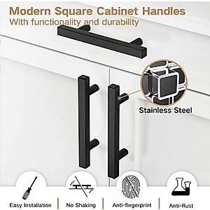Qibaok 30 Pack Square Cabinet Handles Matte Black Cabinet Pulls 3-3/4" Hole Centers Drawer Pulls Stainless Steel Kitchen Handles for Cabinets, 6”Length Cabinet Hardware for Bathroom Farmhouse