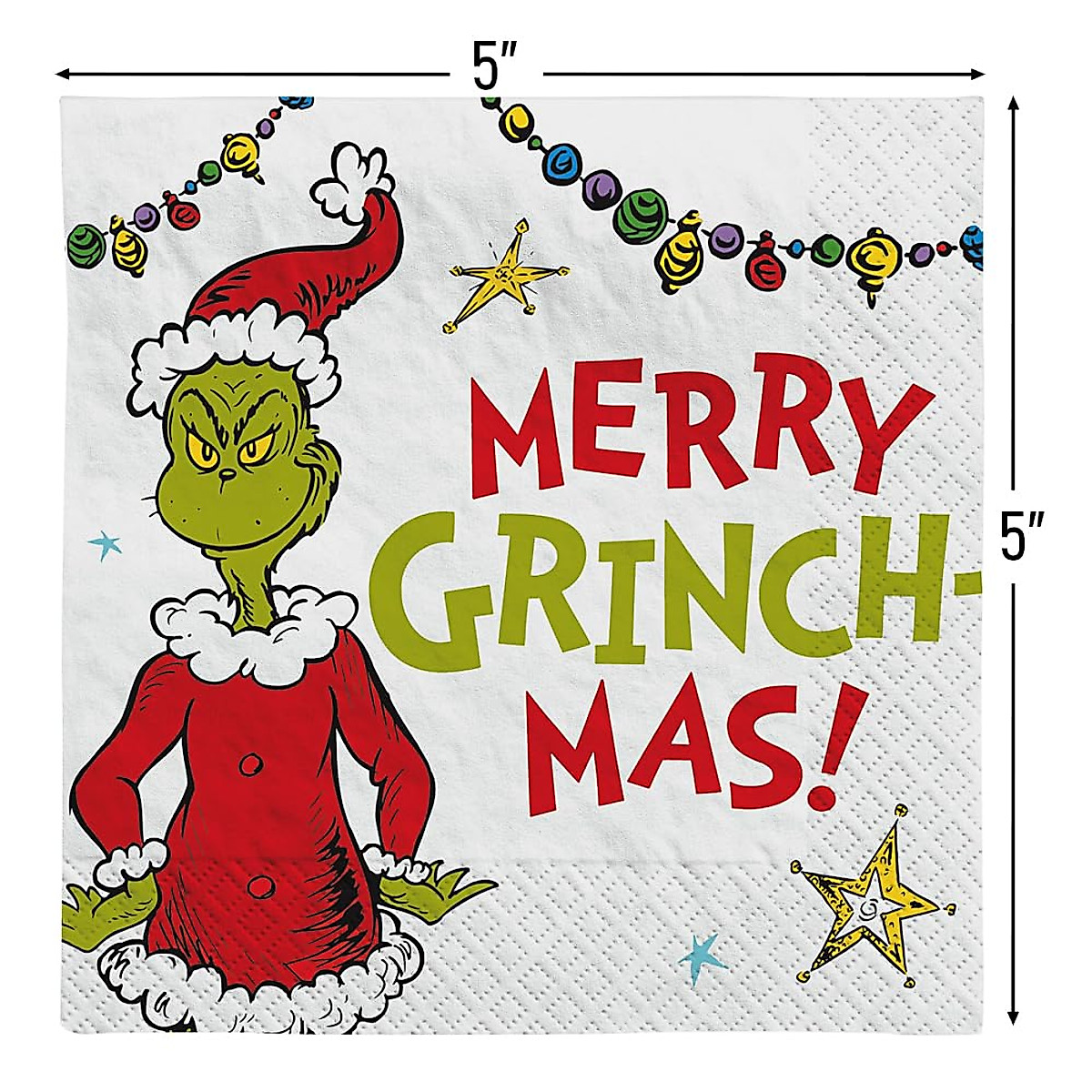 Multicolor Traditional Grinch Merry Grinchmas Beverage Napkins - 5"x5" (Pack of 16) - Unique Whimsical Design, Delight Your Guests - Perfect for Christmas Parties