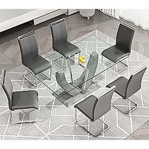 67" Rectangular Glass Dining Table Set for 6, Modern Rectangle Dining Table & Chair Sets for Kitchen Room, 67 inch Tempered Glass Table Top and PU Leather Dining Chairs with Silver Plating Legs, Grey