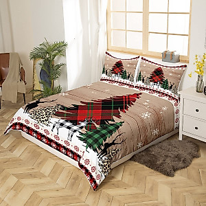 Kids Christmas Duvet Cover Set Queen Size,Deer Pine Snowflake Bedding Set,Girls Boys Adults Room/Xmas Cabin Decor,Brown Wooden Plank Comforter Cover,Rustic Farmhouse Quilt Cover,3pcs,2 pillowcases