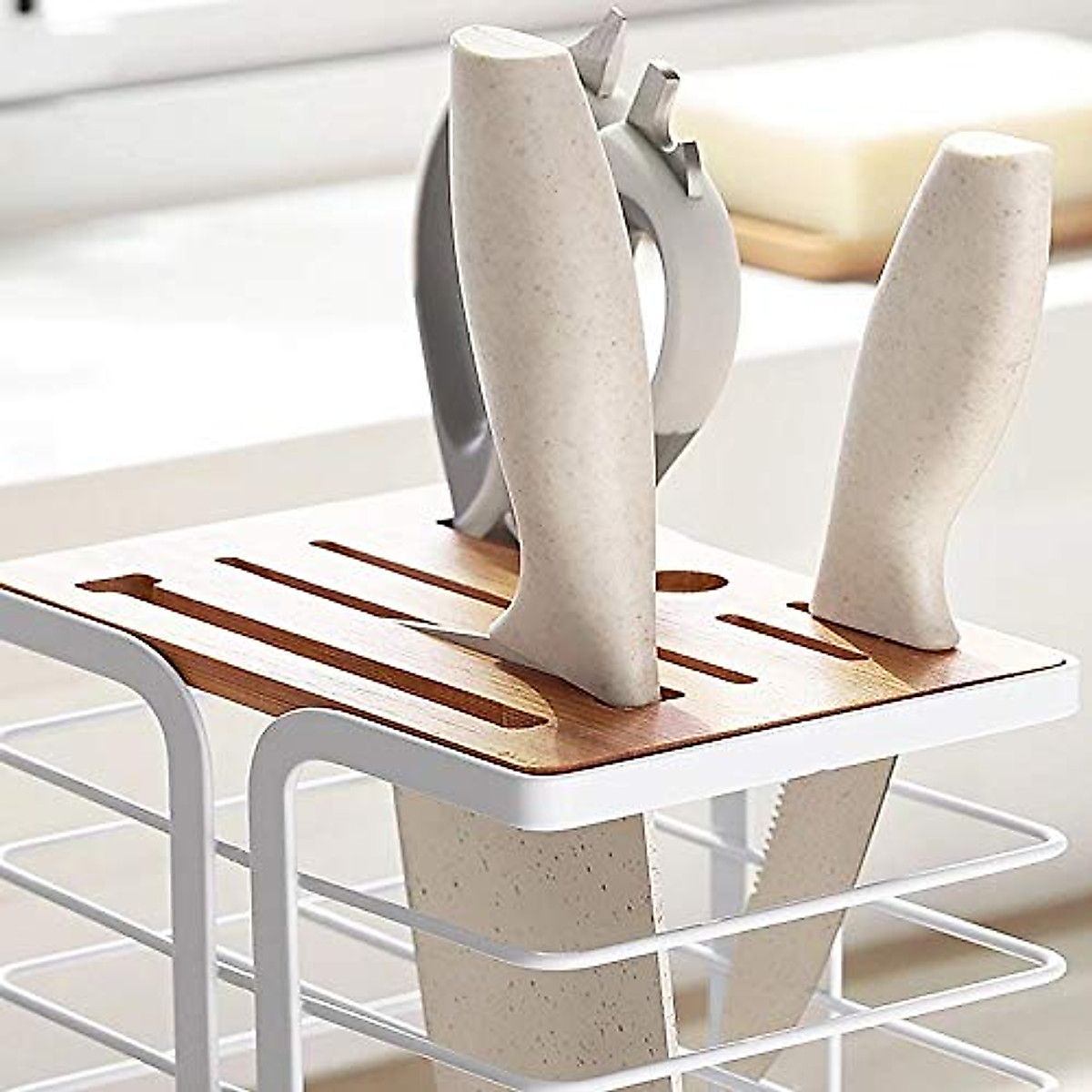 CUJUX Stainless Steel Kitchen Knife Holder White Universal Metal Wood Bamboo Knife Block Rack Multifunction Storage Stand Organizer(Without knife)