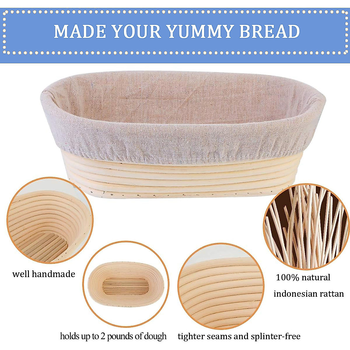 Bread Banneton Proofing Basket Set of 2,10 Inch Oval Cane Sourdough Baskets with Lame + Dough Scraper Linen Liner Basting Brush for Making Baking