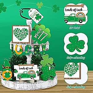 12 Pieces St. Patrick's Day Tiered Tray Decor Wooden Shamrock Decorations Table Wooden Gnome Heart Irish Sign Farmhouse Natural Wood Sign for Home Kitchen Bar Decoration