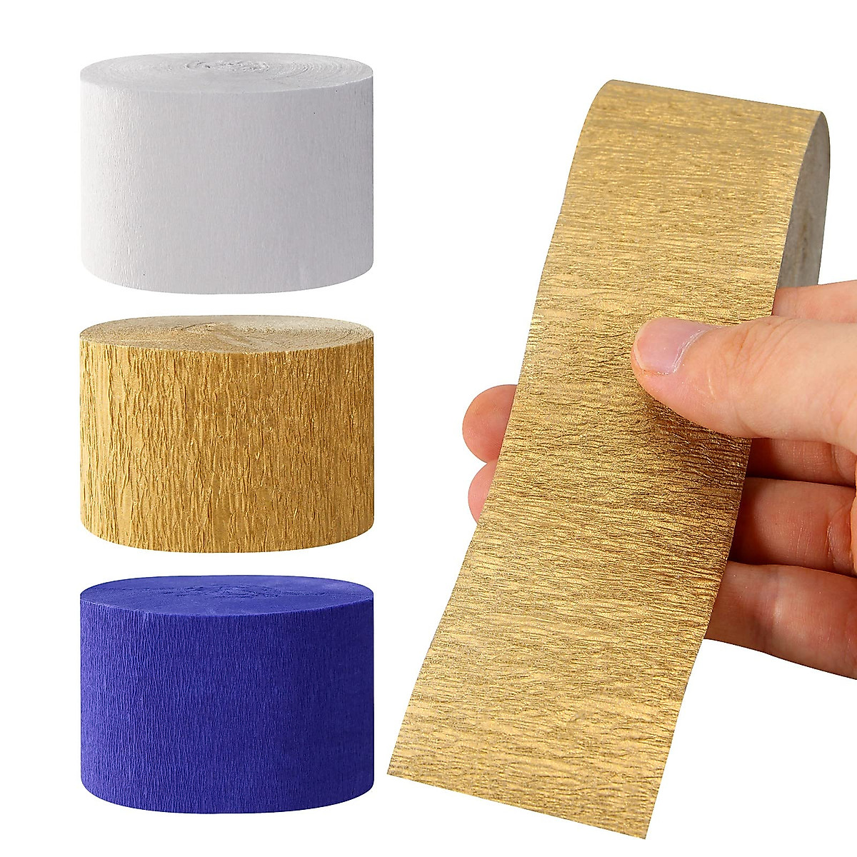 Navy-Blue White-Gold Crepe Paper Streamers - 9 Rolls Royal Blue Graduation 2024 Men Boy Birthday Party Decorations Streamer Wedding Bridal Shower Paper Garland Fathers Day Decor Panduola