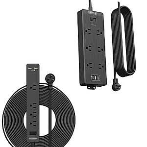 Long Cord Power Strip Bundle, NTONPOWER 12 Outlet Surge Protector with 25 ft Cord and 6 Outlets 3 USB, Thin Flat Extension Cord Power Strip with 15ft Cord, Flat Plug for Office, Home, Nightstand, Dorm