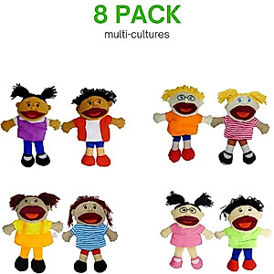 8 Hand Puppets for Kids, Multicultural Puppets with Movable Mouth (8 Pack) Bulk Soft Plush Puppets, School Home Puppet Theater Shows Toys, Teachers Classroom Supplies