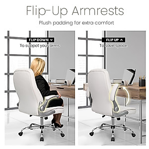 NEO CHAIR Ergonomic Office Chair PU Leather Executive Chair Padded Flip Up Armrest Computer Chair Adjustable Height High Back Lumbar Support Wheels Swivel for Gaming Desk Chair (White)