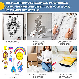 White Wrapping Paper 17.5"x456", Bulletin Board Craft Paper Roll, Poster Chart Easel Painting Drawing Paint Paper, Art Supplies for Kids Toddlers Boys Girls, Kraft Paper for Bouquet Flower Gift Wrap