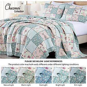 Chezmoi Collection Abbi 3-Piece Shabby Chic Bedding Queen Quilt Set Pre-Washed Cotton Floral Coverlet Bedspread Ruffled Patchwork Quilt Queen Size