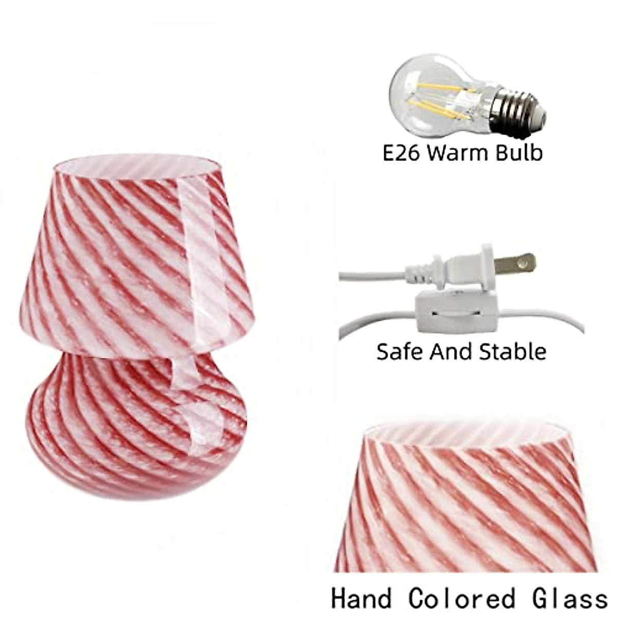 MKolour Mushroom Bedside Table Lamps - Glass LED Bedside Night Lamps, Vintage Small Table Lamps for Bedroom,Living Room,Nightstand,Study (Red Twill)