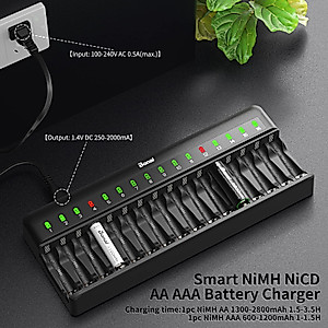 BONAI AA AAA Battery Charger 16 Bay for NiMH NiCD Rechargeable Batteries Independent Control with LED Light and Standard American AC Charging Plug, Battery not Included - Black