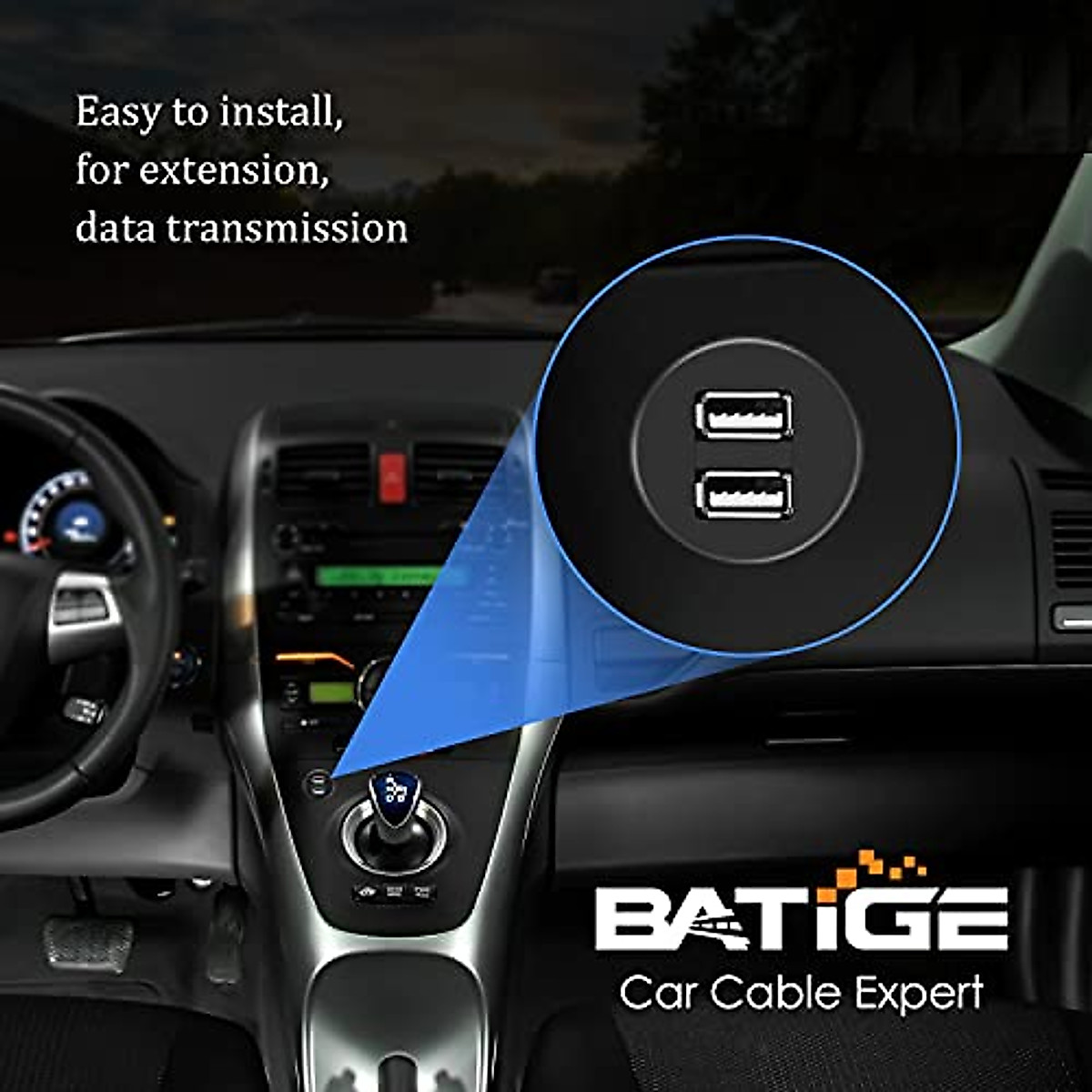 BATIGE Dual USB Female Car Mount Flush Cable 2 Ports for Extension and Data Transmission Can Charge and Transfer Data at The Same Time Car Waterproof USB Cable 3ft