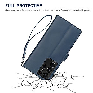 ONETOP for Samsung Galaxy S21 Ultra Wallet Case with Card Holder, Genuine Leather RFID Blocking Kickstand Wireless Charging Compatible, Long Magnetic Clasp Folio Cover with Wrist Strap 6.8 Inch Blue