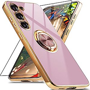 Aitipy for Samsung Galaxy S23 Case with Screen Protector, Built-in 360° Rotation Ring Holder Magnetic Stand, Luxury Shiny Plating Edge Shockproof Electroplated Protective Phone Cover (Purple/Golden)