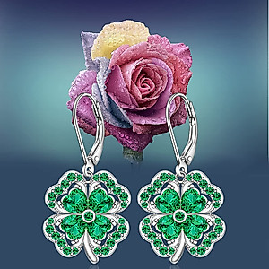 Shamrock Earrings St Patrick’s Day Earrings Four Leaf Clover Earrings for Women Sterling Silver Lucky Dangle Drop Green Clover Irish Celtic Gifts