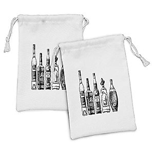 Ambesonne Alcohol Fabric Pouch Set of 2, Ink Drawing Style Bottles of Strong Alcohol Composition Distilled Beverages, Small Drawstring Bag for Toiletries Masks and Favors, 9" x 6", Black and White