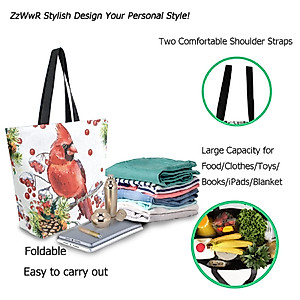 ZzWwR Cardinal Birds on Fir Branch Berry Christmas Extra Large Canvas Shoulder Tote Top Handle Storage Bag for Gym Weekender Beach Travel Reusable Grocery Shopping