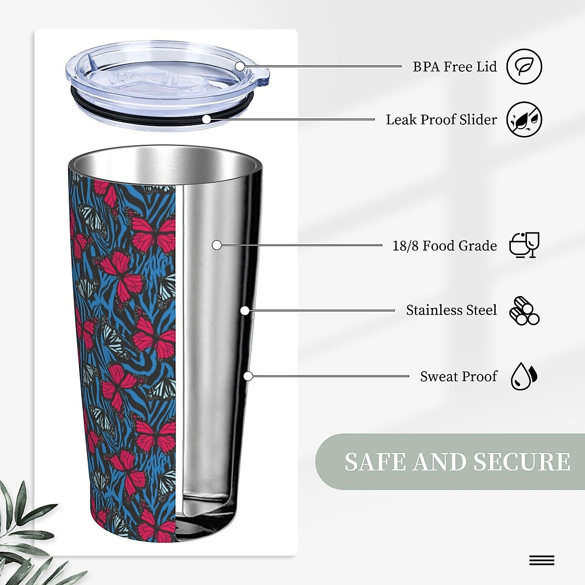 20oz Tumbler Red Butterfly Pattern Double Wall Vacuum Insulated Coffee Mug with Lid and Metal Straw Brush Reusable Stainless Steel Water Bottle Travel Cup Gifts for Car Ice Drinks Hot Beverage