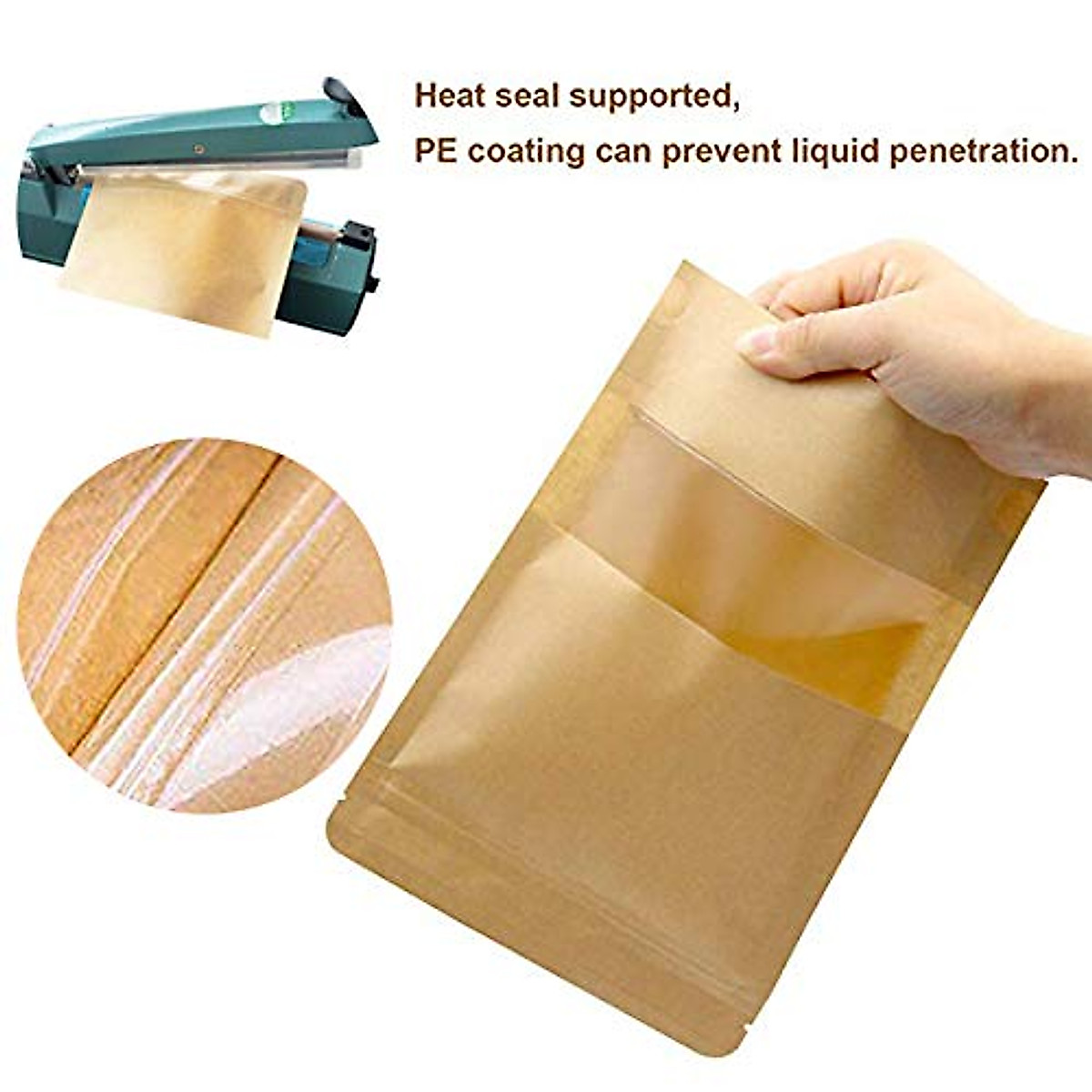 Muka 100 PCS Kraft Heat Sealable Stand Up Pouch Bags w/Handle Reusable Food Pouches Bags, 9.3"W x 13.8"H x 4"D, 7 mil