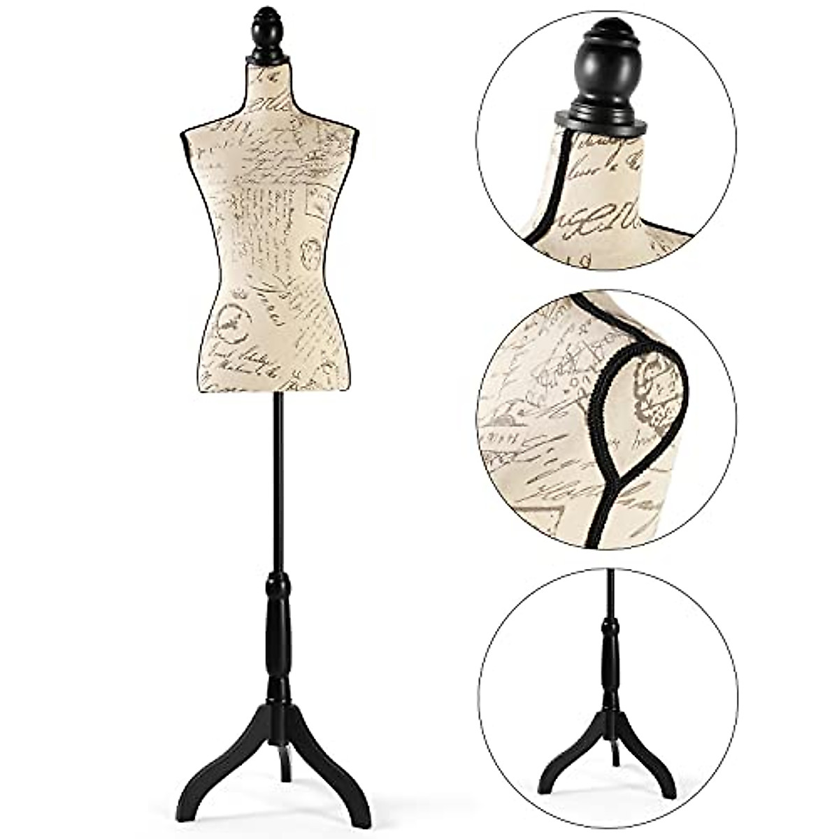 Female Mannequin Torso with Stand, Height Adjustable from 52'' to 67'' Dress Form with Tripod Base, for Dress Jewelry, Display, Beige Printing