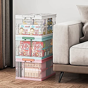 Wisdom Star 3 Pack Collapsible Storage Bins with Lids, Clear Plastic Foldable Storage Box, Stackable Storage Containers for Organizing, Pink