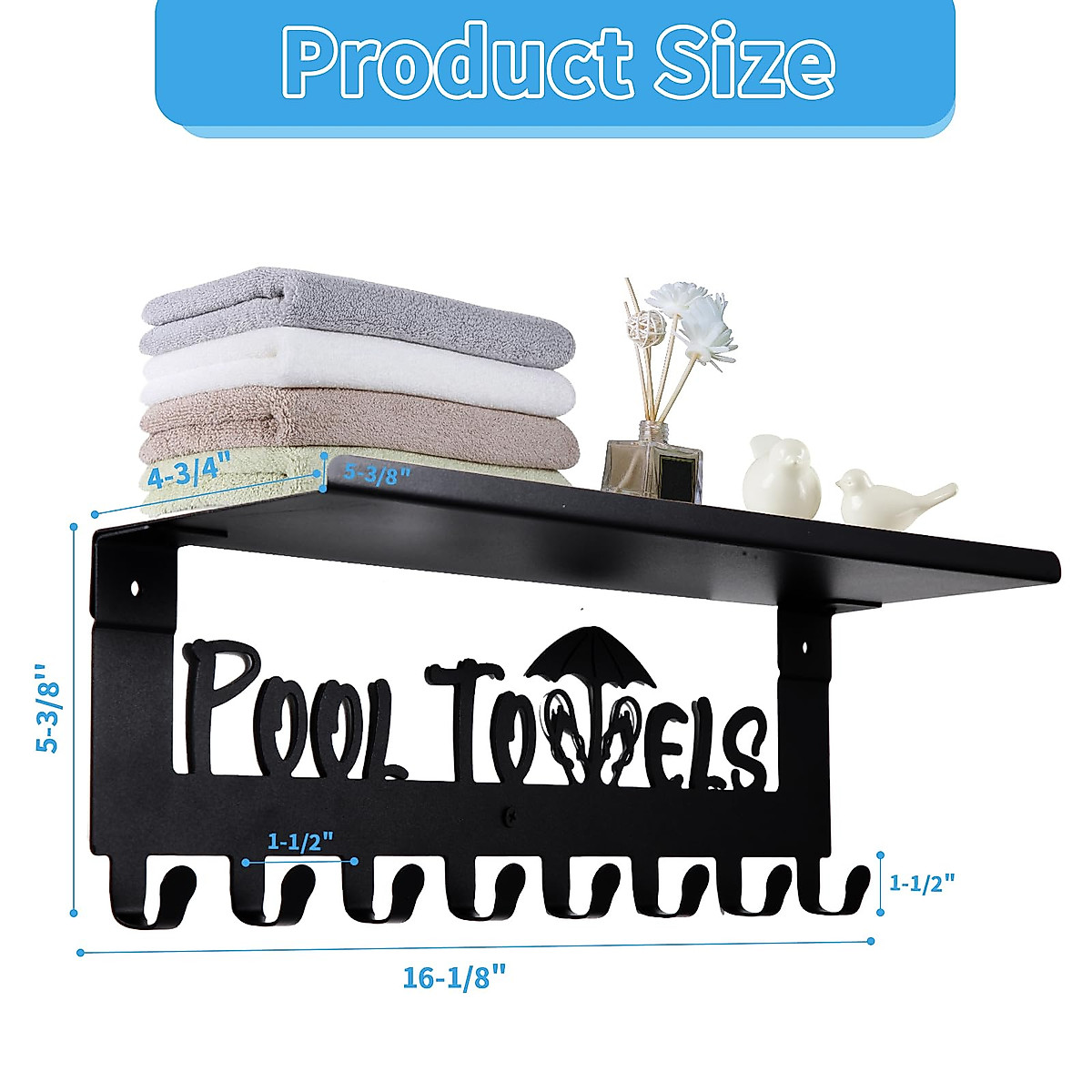 IBosins Pool Towel Rack with Shelf, Outdoor 8 Hooks Towel Holder Wall Mounted, Towel Hanger for Hanging Bathrobes, Towels, Clothes - Perfect Pool Area Outside Sign and Decor (Black)