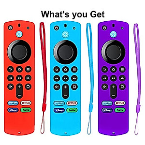 TOKERSE 3 Pack Remote Cover for FireStick 3rd Gen 2021 / 4K Max 2021 - Silicone Case for FireSticksticktv 4K+ 2021 Voice Remote Case Cover Sleeve Skin with Lanyard - Red Blue Purple