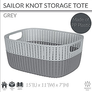 Simplify 2 Tone Sailor Knot Plastic Storage Tote | Decorative Basket | Closet Organization | De-clutter | Accessories | Toys | Bathroom Organization | Large | Grey/Grey