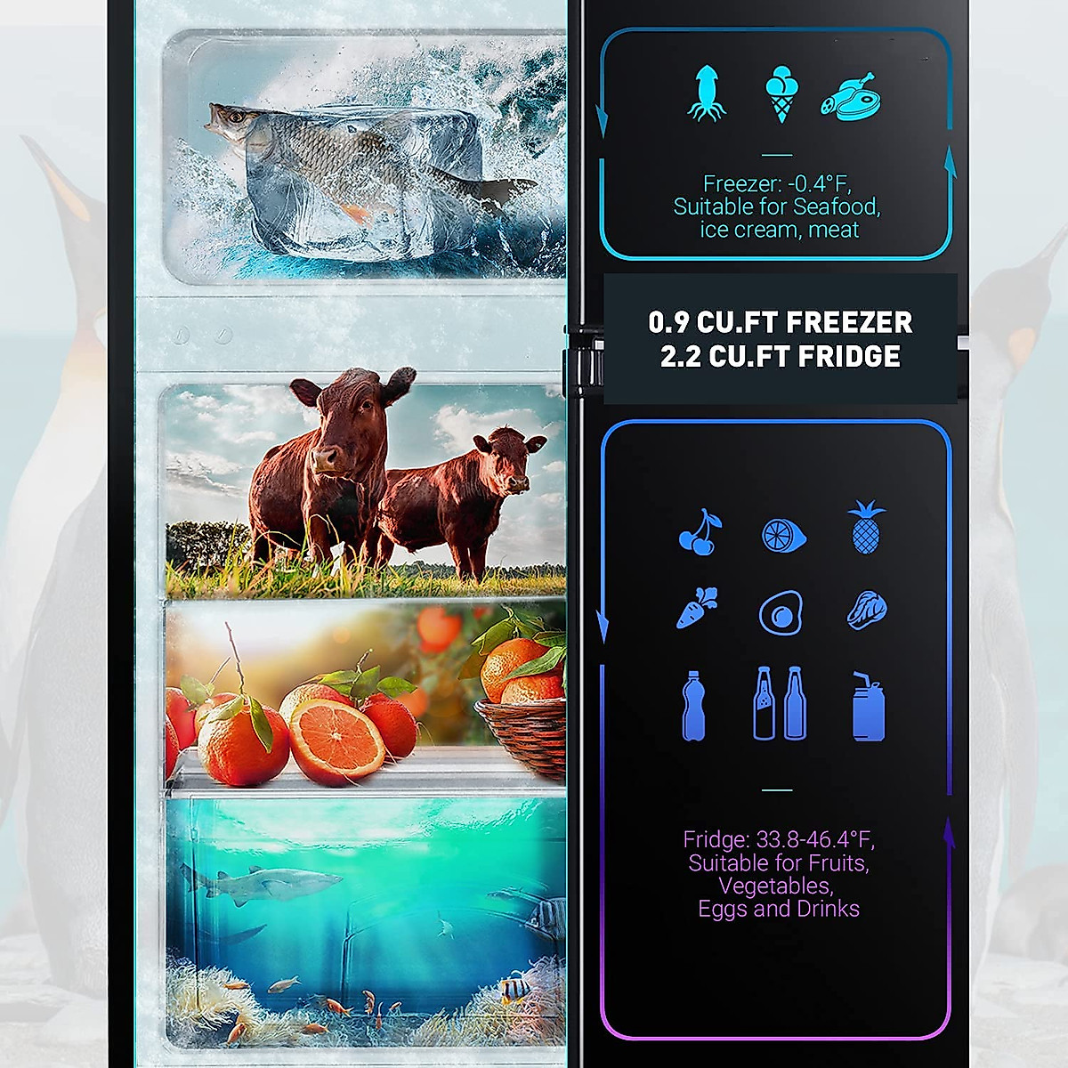 Mini Fridge with Freezer, 3.1 Cu.Ft Refrigerator 2 Doors, Unique Shelf Design, with LED Light, Adjustable Control Thermostat, Small Refrigerator for Bedroom, Office, Dorm, Garage, Black - ‎HPBFR310