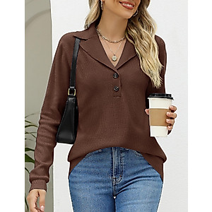 LOMON Womens Sweaters Fall 2024 V-Neck Collared Tops Winter Long Sleeve Buttons Knit Trendy Pullover Business Dressy Casual Jumper (Coffee,Medium)