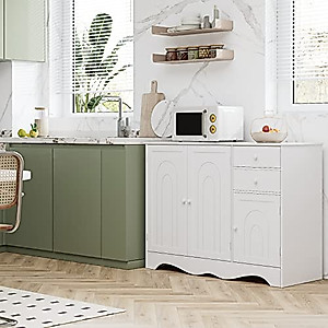 HORSTORS White Sideboard Buffet Cabinet with Storage, Kitchen Buffet Storage Cabinet with 2 Drawers & 3 Doors, Wood Coffee Bar Buffet Table Console Cabinet for Kitchen, Dining Room, White