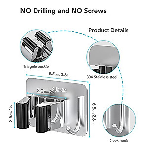 HOMEASY Mop Broom Holder No Drill SUS304 Stainless Steel, Mop Broom Organizer Wall Mounted Heavy Duty with Hooks Hanger, Self Adhesive Stainless Steel 4Pcs for Bathroom, Kitchen, Office