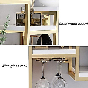 Wall Hanging Wine Rack Metal Bottle Holder Storage Wall Mounted |Wine Glass Goblet Stemware Holder| Nordic Gold and White Wood Wall Shelves for Bar Kitchen or Hone Wall Decor