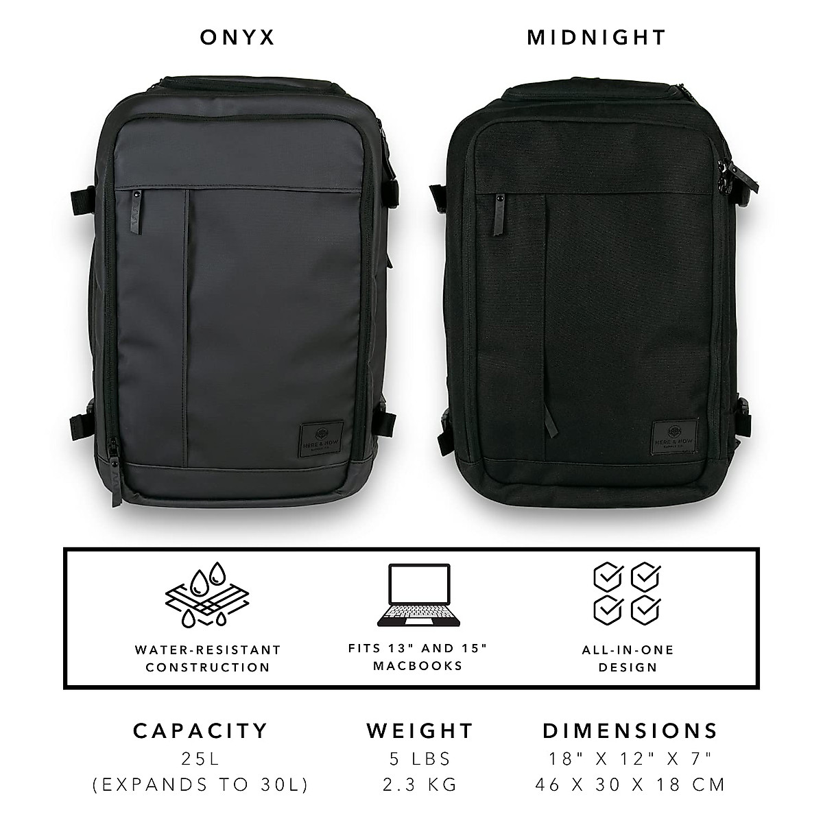 Here & Now Supply Travel Laptop Backpack for Men & Women | Casual Large Water Resistant Anti-Theft Hiking Backpack suited for Outdoors and Indoor use with Duffle Bag Strap | Black (Onyx)