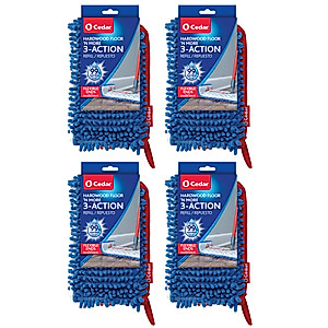 O-Cedar Hardwood Floor 'N More Microfiber 3-Action Flip Mop Refill (Pack of 4) | Double-Sided Mop Head w/Microfiber & Chenille | Reusable, Machine-Washable Mop Head Replacement