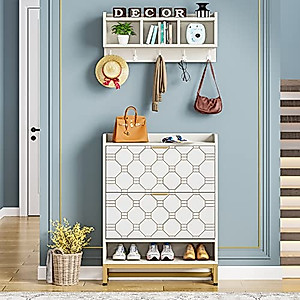 Tribesigns Shoe Storage Cabinet with Cubby Coat Rack, 3-in-1Design Free Standing Entryway Shoe Rack Cabinet with 2 Flip Drawers,5 Hooks,3 Storage Cubbies for Hallway, Mudroom, White and Gold
