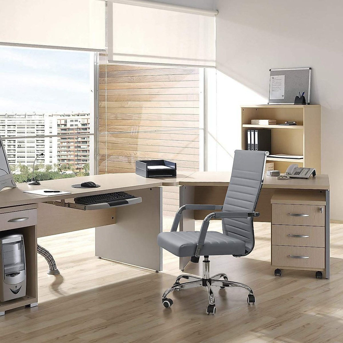 KaiMeng Ribbed Office Desk Mid Back Computer Chair Height Adjustable Conference Executive Task Swivel PU Leather (Grey)