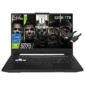 ASUS TUF Dash F15 15.6" 144Hz (Intel 12th Gen i7-12650H, 32GB DDR5 RAM, 1TB PlCe SSD, Geforce RTX 3070 8GB) Thin Bezel Gaming Laptop, Thunderbolt 4,Backlit KB, IST Computers Cable, Win 11 Home