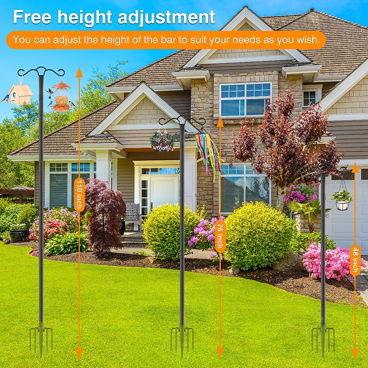 110 Inch 2 Pack Adjustable Shepherds Hooks for Outdoor with 5 Prong Base Heavy Duty Outdoor Garden Shepherds Hooks Hanger for Hanging Bird Feeder Flower Plant Baskets Solar Light Lantern Pole Stand