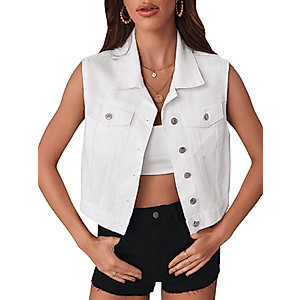 SweatyRocks Women's Sleeveless Button Down Ripped Jean Jacket Flap Pocket Crop Denim Vest Top White S