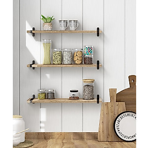 Sapowerntus Wood Floating Shelves Bathroom Wall Mounted, 24 Inch Light Rustic Farmhouse Narrow Shelf Storage, Bedroom Living Room Kitchen Office Display Decor with U Metal Brackets Set of 3