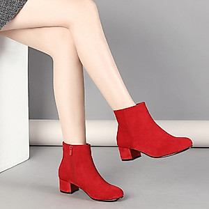 LIURUIJIA Booties for Women Low Heel Suede Ankle Boots Lined Winter Short Dress Boots Red 38(38/US7.5)
