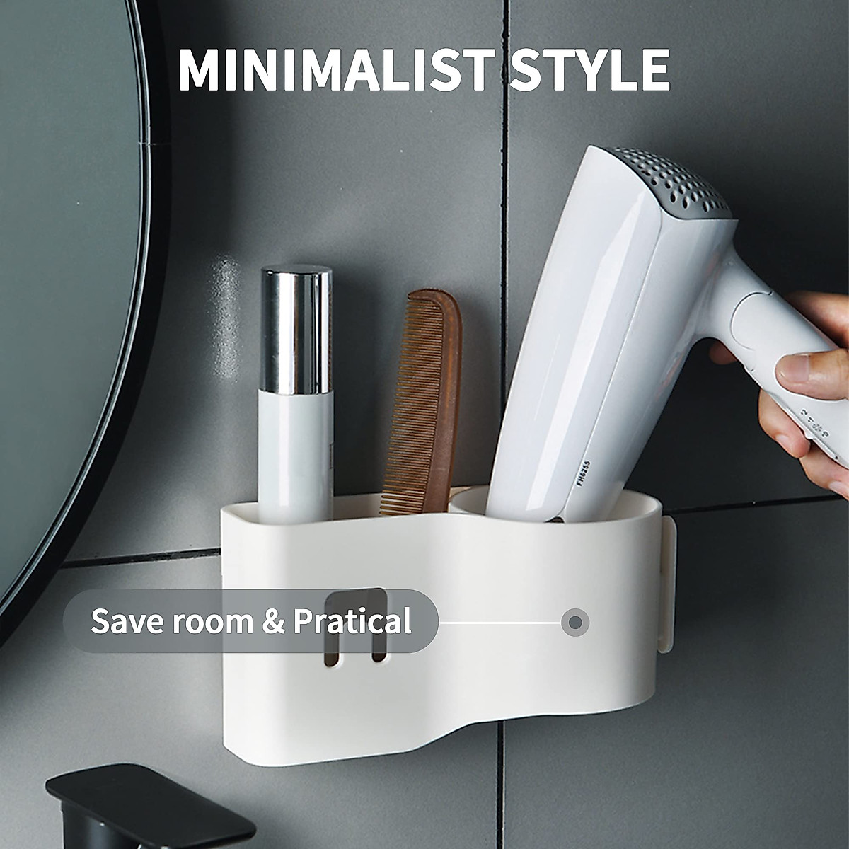 SooGree Hair Dryer Holder - White Hair Tool Organizer Bathroom Blow Dryer Holder Wall Mounted Hot Tool Holder for Curling Iron Hair Straightener Hair Styling Tools Storage Small Punching Free