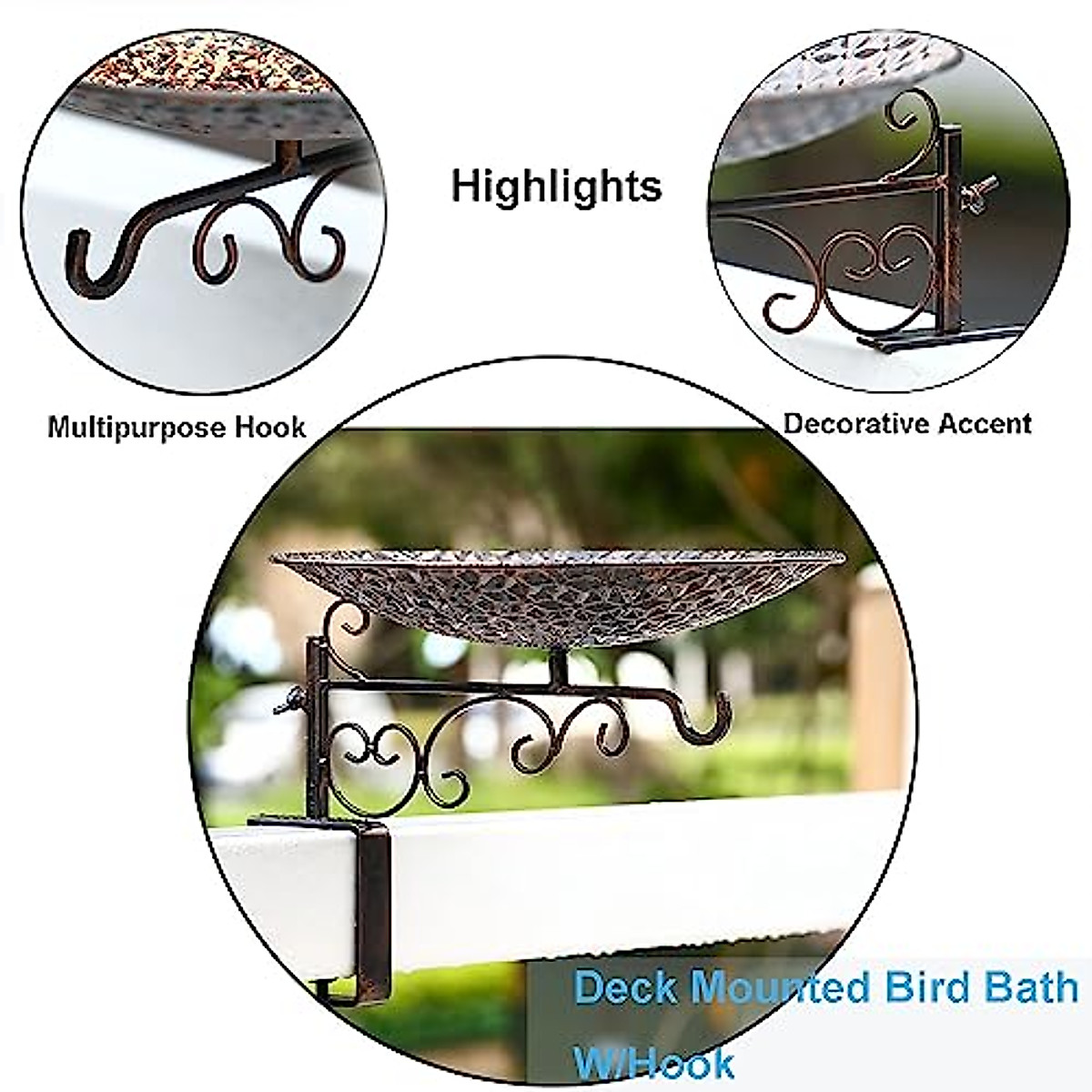 Jemeni Deck Mounted Bird Bath W/Hook, Bird Baths for Outdoors Garden Patio Deck Decoration