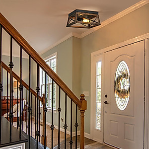 DEWENWILS Farmhouse Metal Flush Mount Light Fixture with Wood Grain Finish, 2-Light Ceiling Lamp for Kitchen, Hallway, Entryway, Foyer